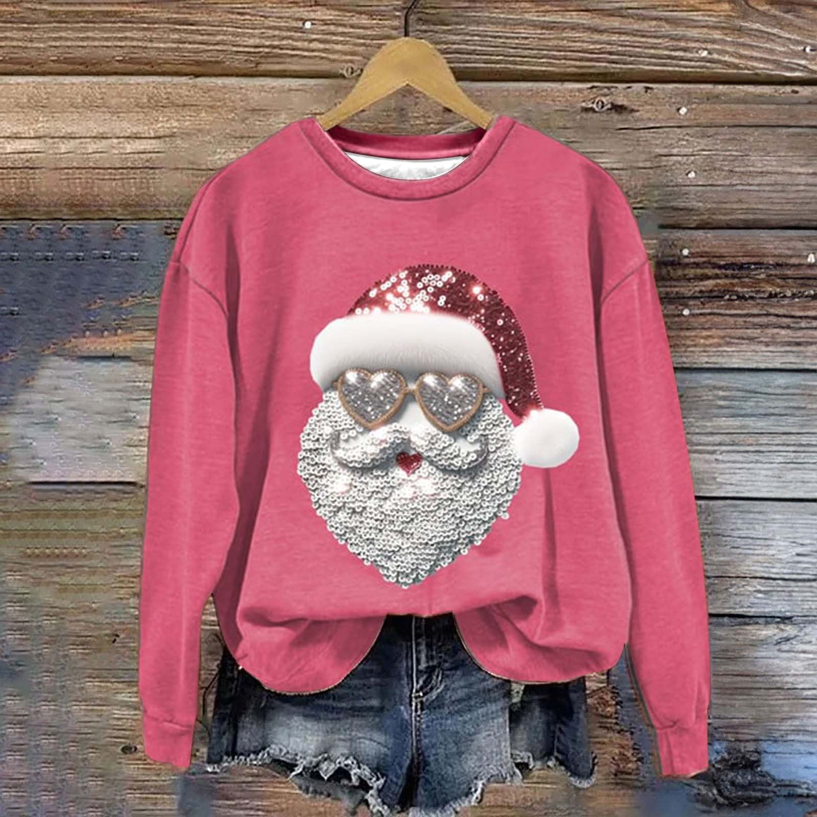 Christmas Pink Womens Sweatshirts Women's Fashion Casual Santa Head ...