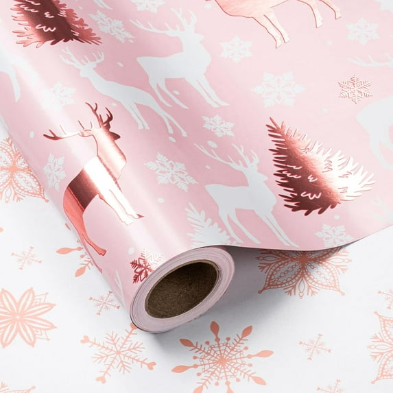 Christmas Pink Wrapping Paper Mini Roll, Reindeer & Snowflake, Metallic ...