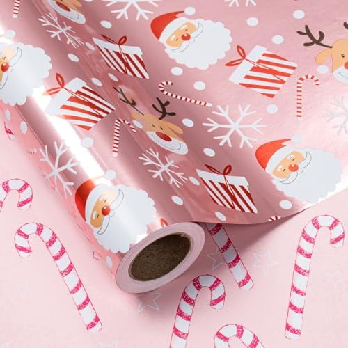 Christmas Pink Wrapping Paper Mini Roll, Santa Claus & Candy Cane ...
