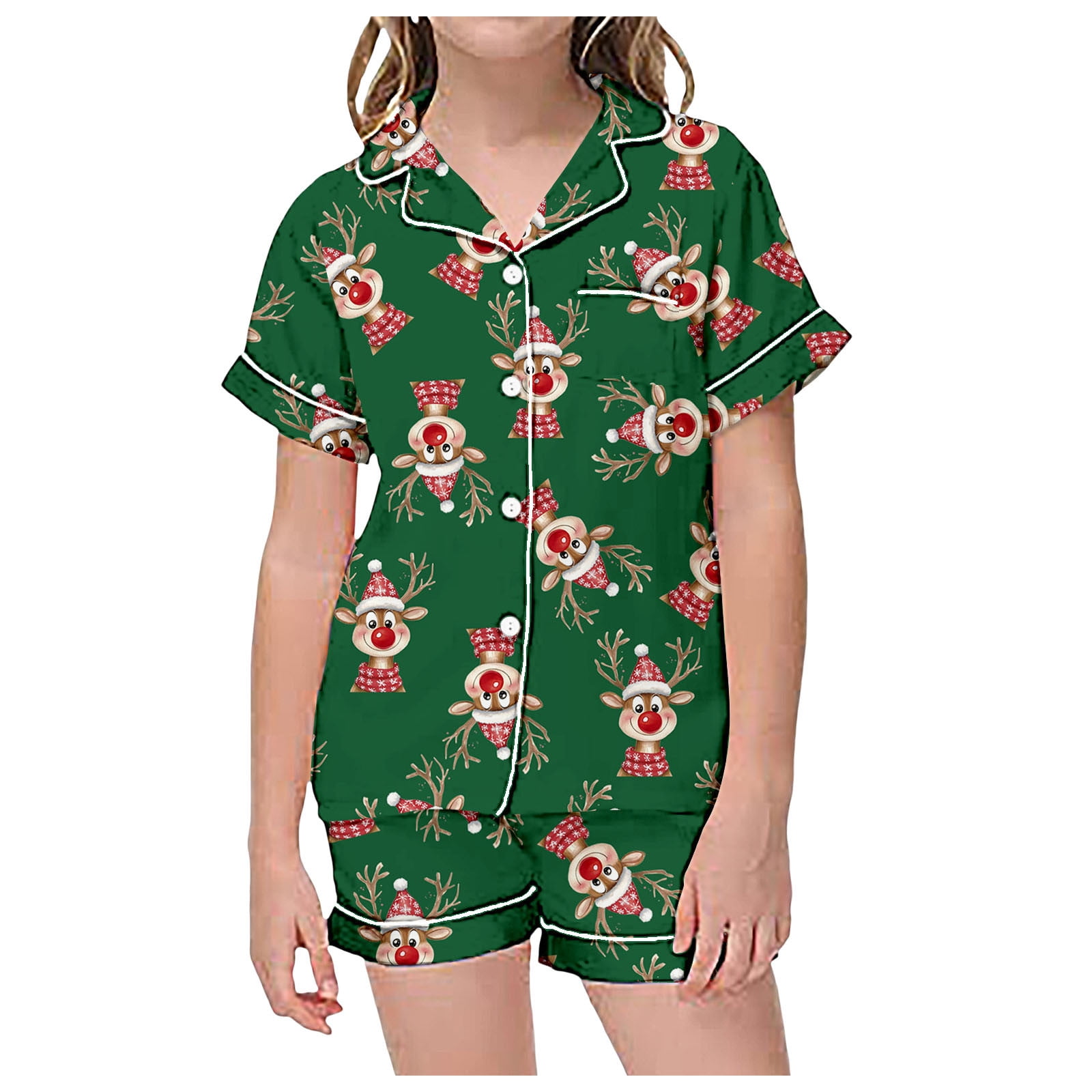 Christmas Pjs Kids Printed Girls Silk Pajamas Short Sleeve 2 Piece ...