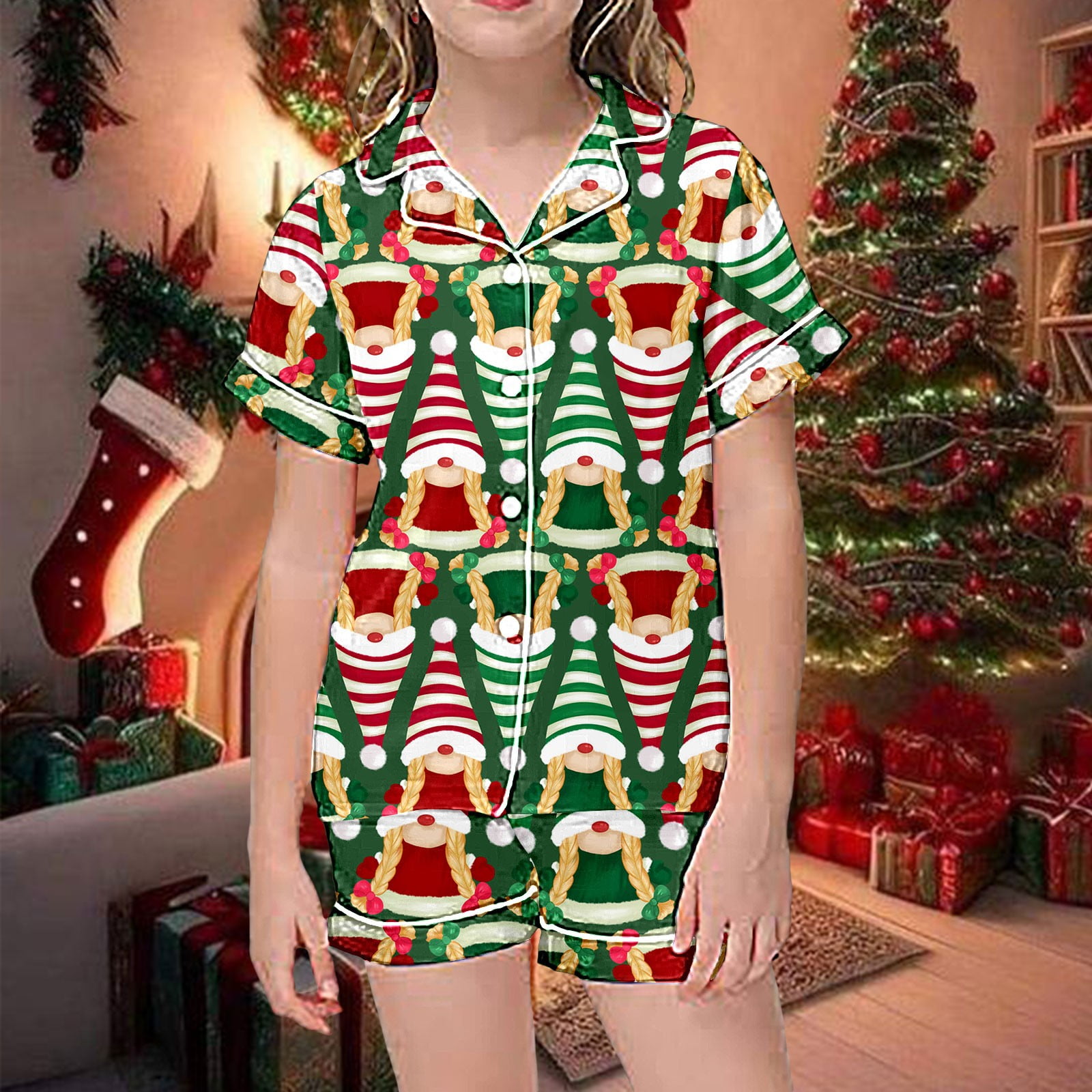 Christmas Pjs Set Cute Graphic Satin Pjs Short Sleeve Button-Down ...