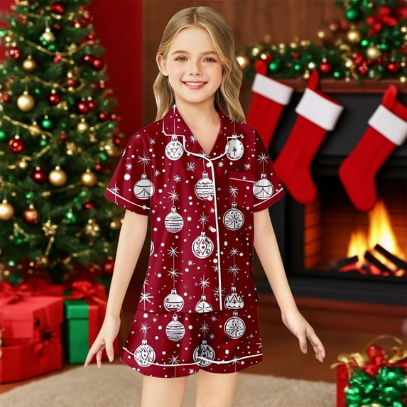 Christmas Pjs Set Fashion Silk Pajamas for Girls Short Sleeve Button ...