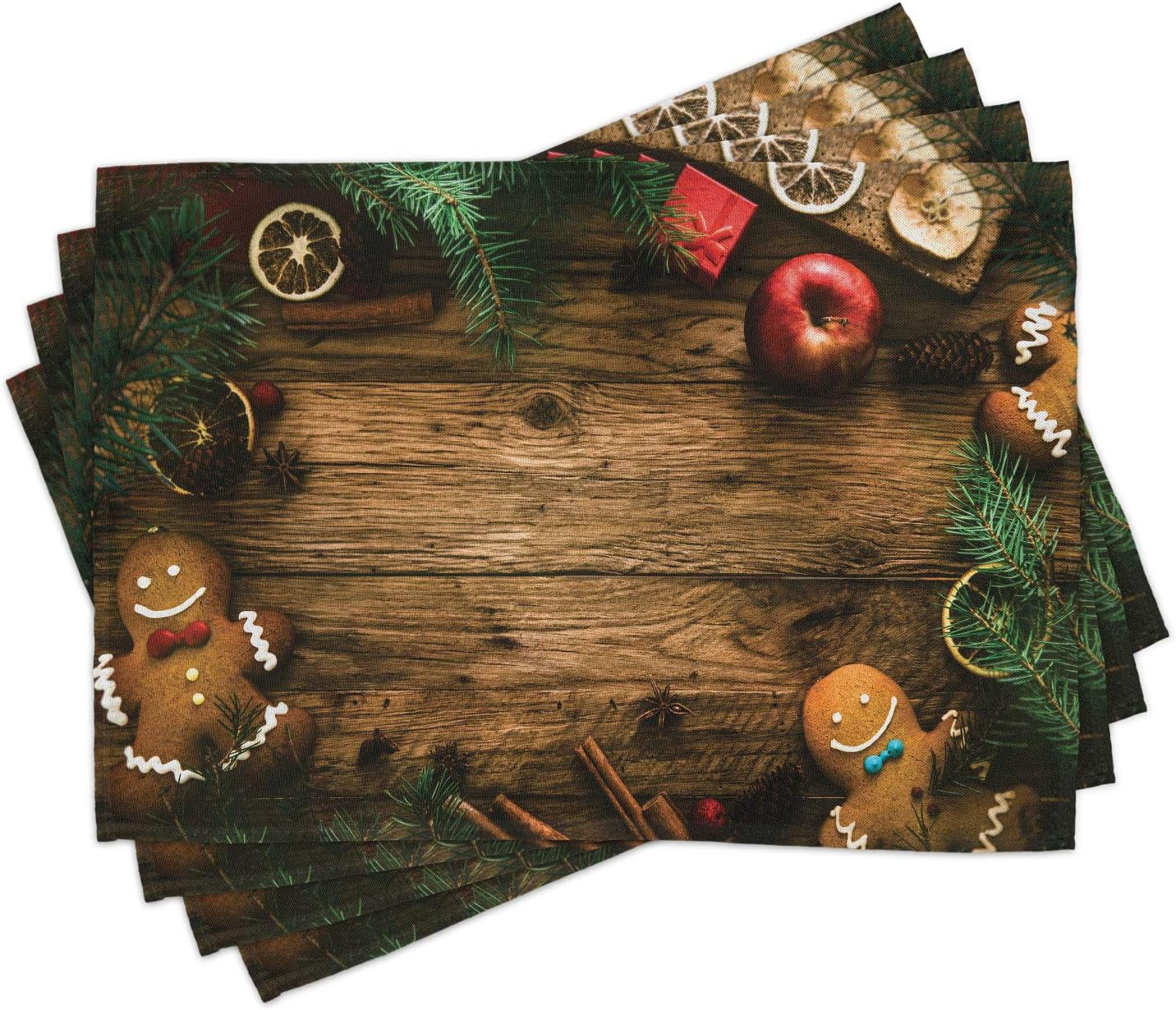 Christmas Place Mats Set of 4, Gingerbread Man Gift Box Coniferous Pine ...