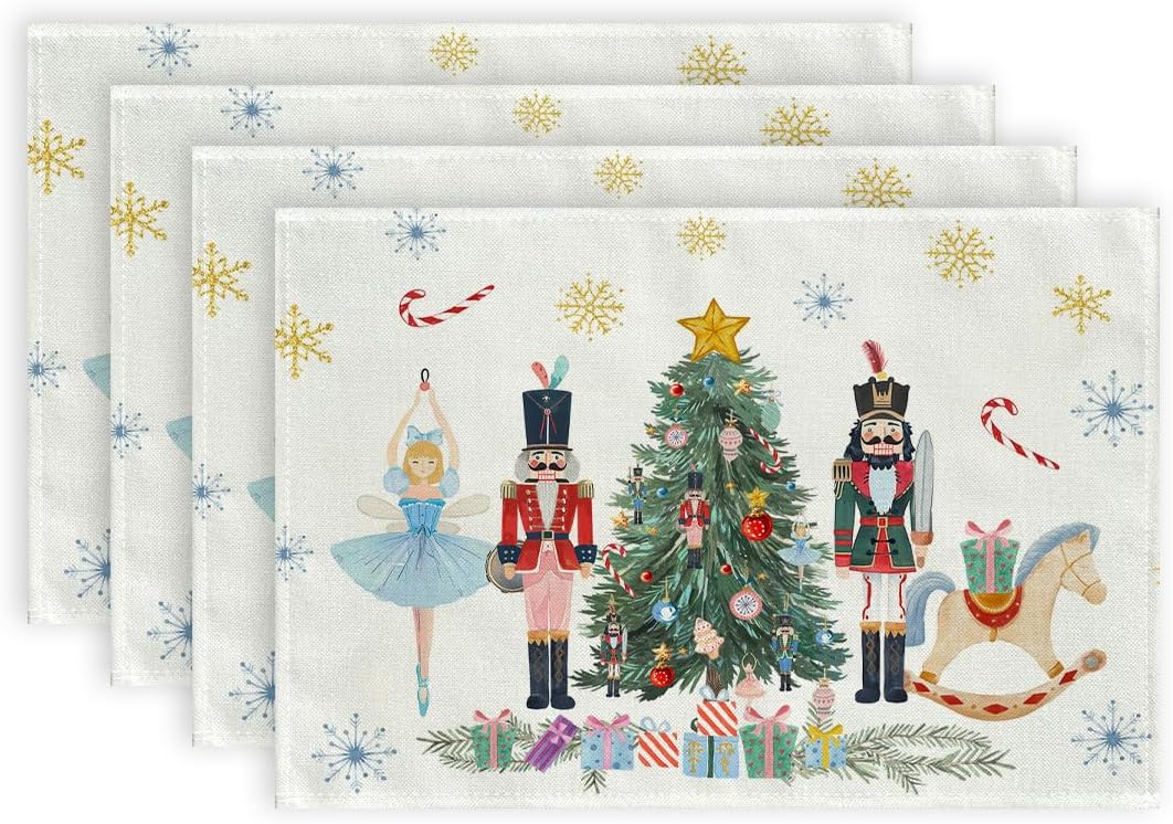 Christmas Placemats 18x12 Inches Set of 4, Nutcracker Xmas Tree Table ...