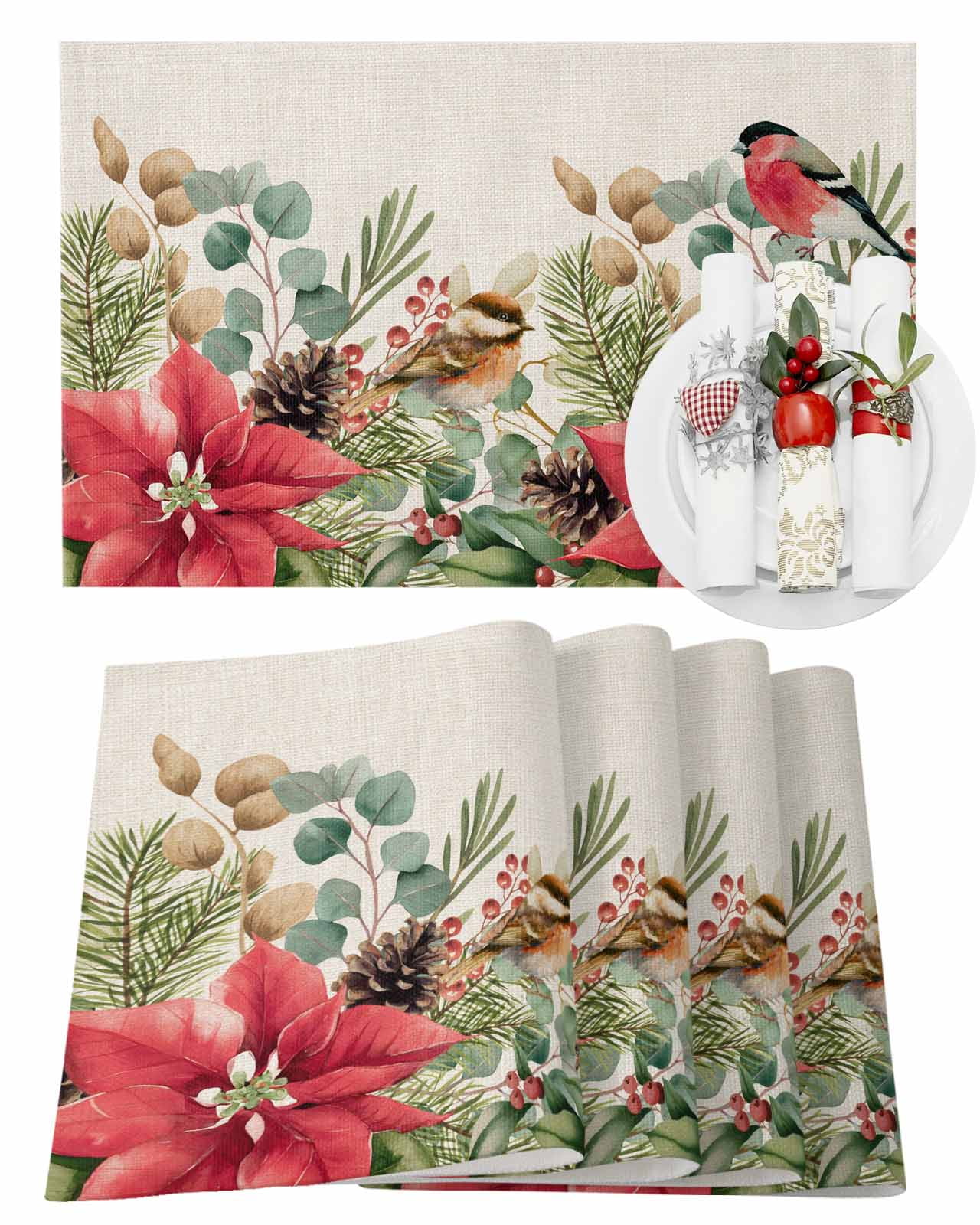 Christmas Placemats Set of 1 Red Green Poinsettia Floral Leaf Bird ...
