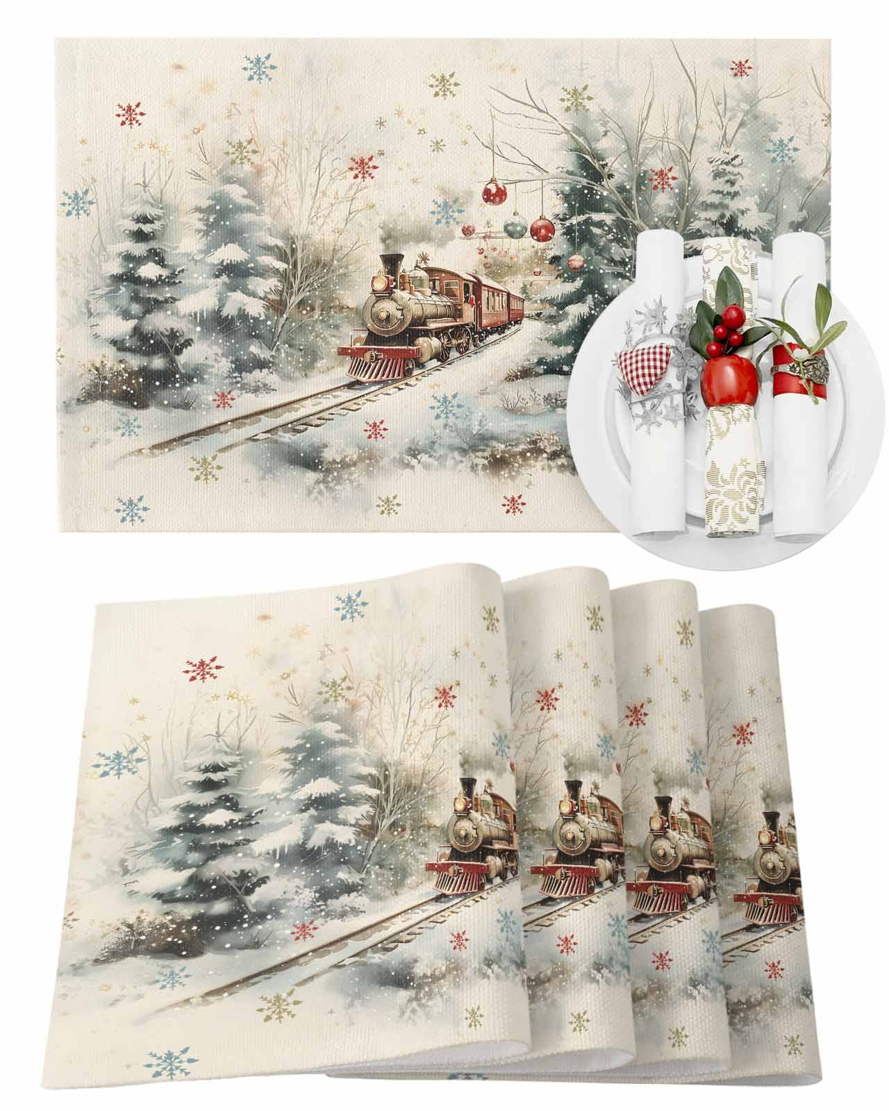 Christmas Placemats Set of 1 Train Holly Woods Scene Lights Snowflakes ...