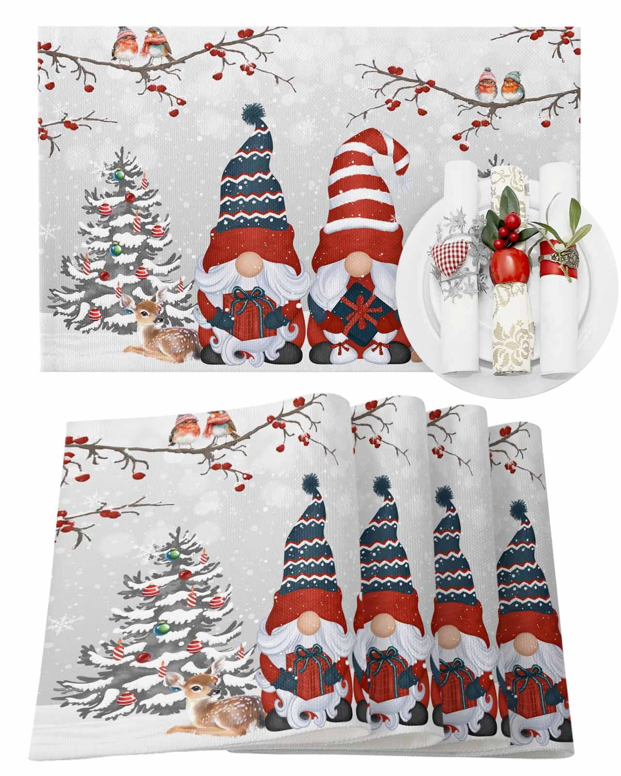Christmas Placemats Set of 12 Red Xmas Gnomes Pine Tree Branches Deer ...