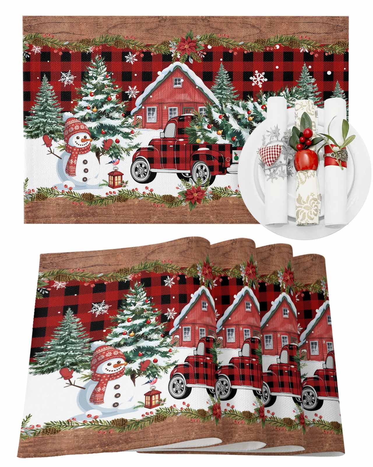 Christmas Placemats Set of 12 Xmas Plaid Truck Snowman Farmhouse Pine ...