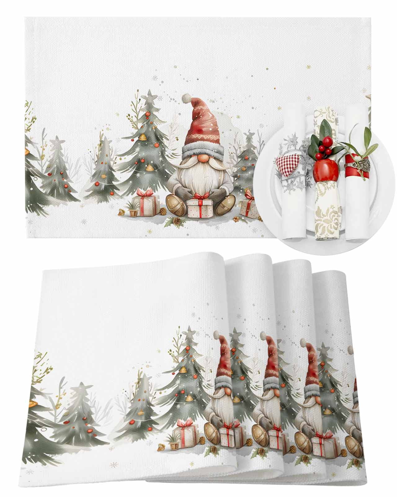 Christmas Placemats Set of 2 Gnome Evergreen Cap Bells Watercolor Heat ...