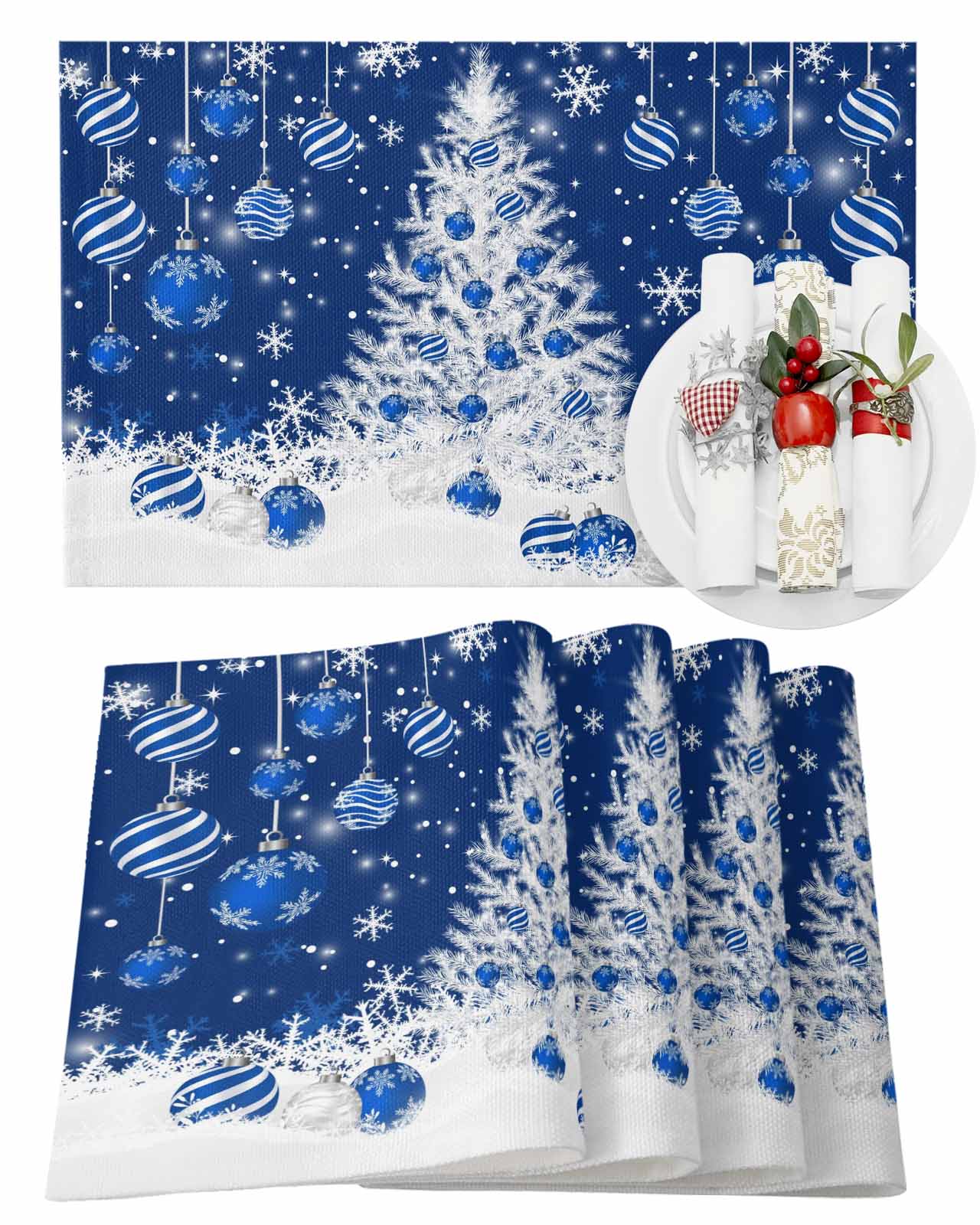 Christmas Placemats Set of 4, Blue Christmas Tree Balls Place Mats ...