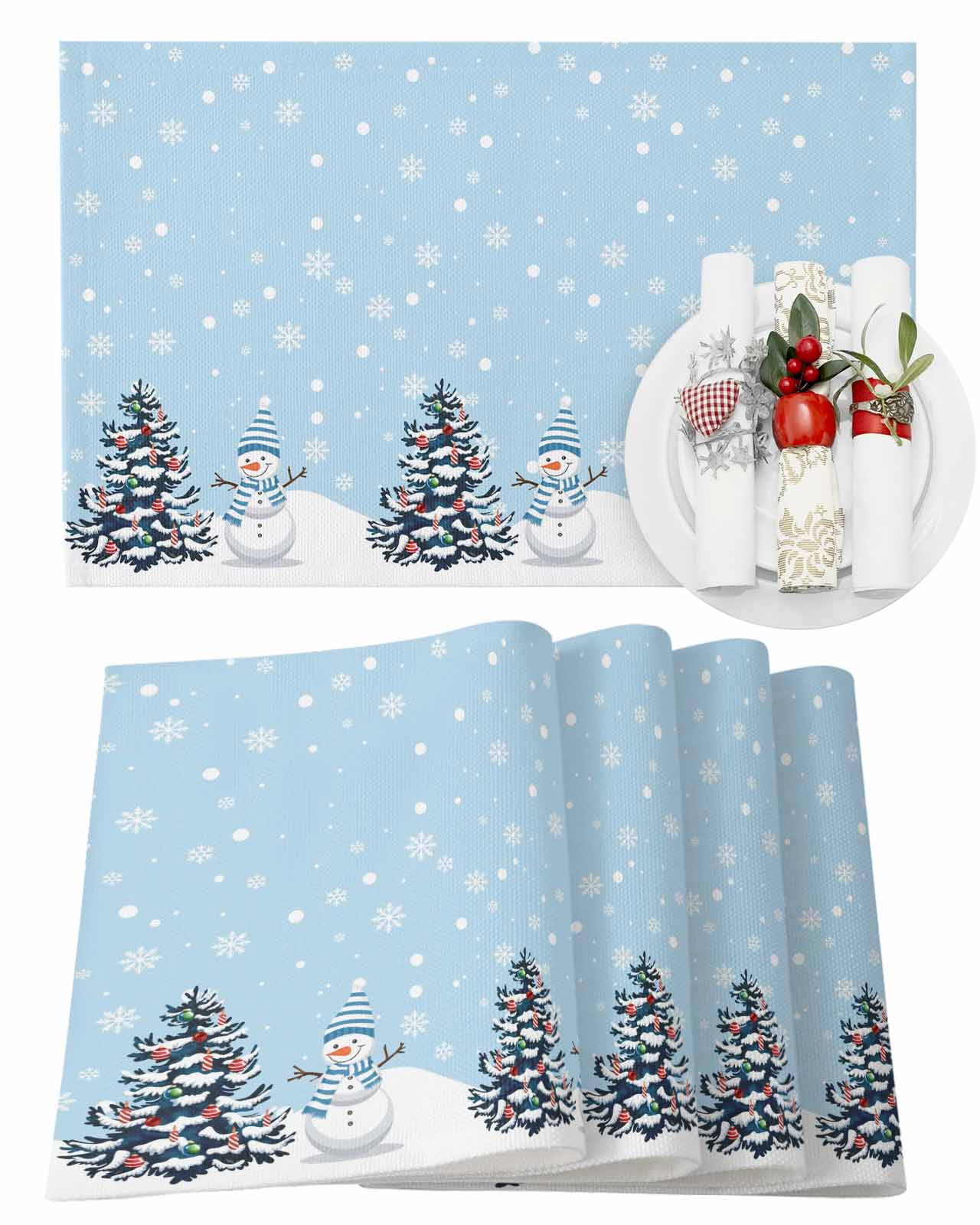 Christmas Placemats Set of 4, Blue Christmas Tree Snowman Place Mats ...