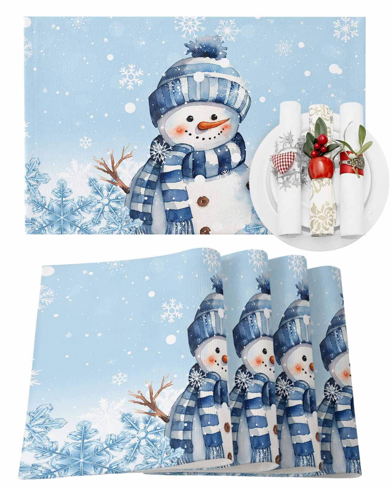 Christmas Placemats Set of 4, Blue Snowman Snowflake Place Mats Winter ...