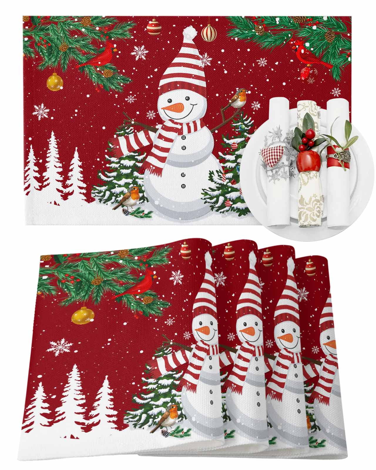 Christmas Placemats Set of 4, Cardinal Bird Snowman Place Mats Berry ...