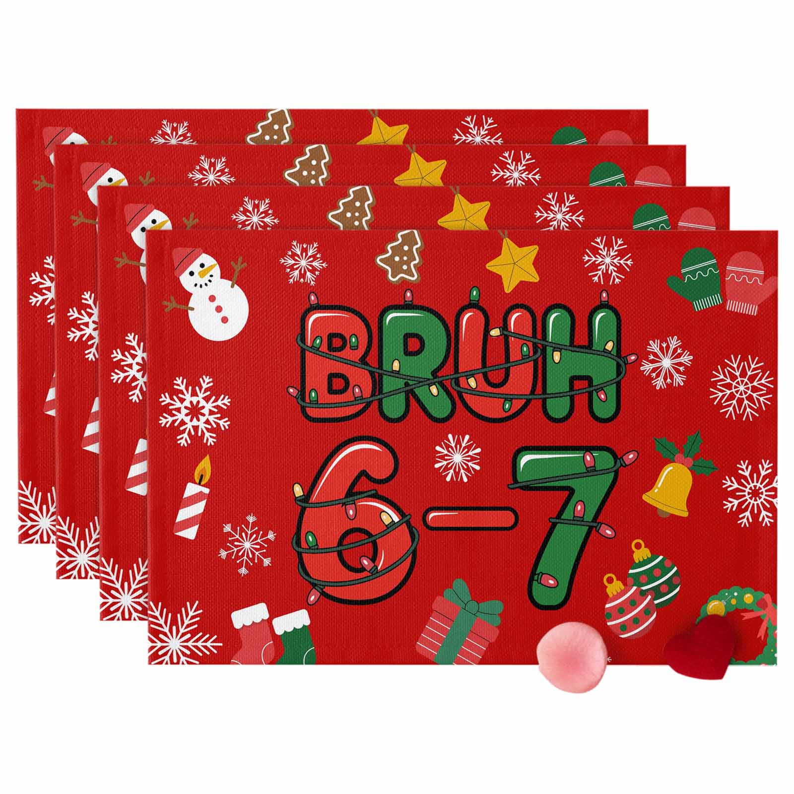 Christmas Placemats Set of 4, Cartoon Bruh 6-7 Light Belt Xmas Socks ...