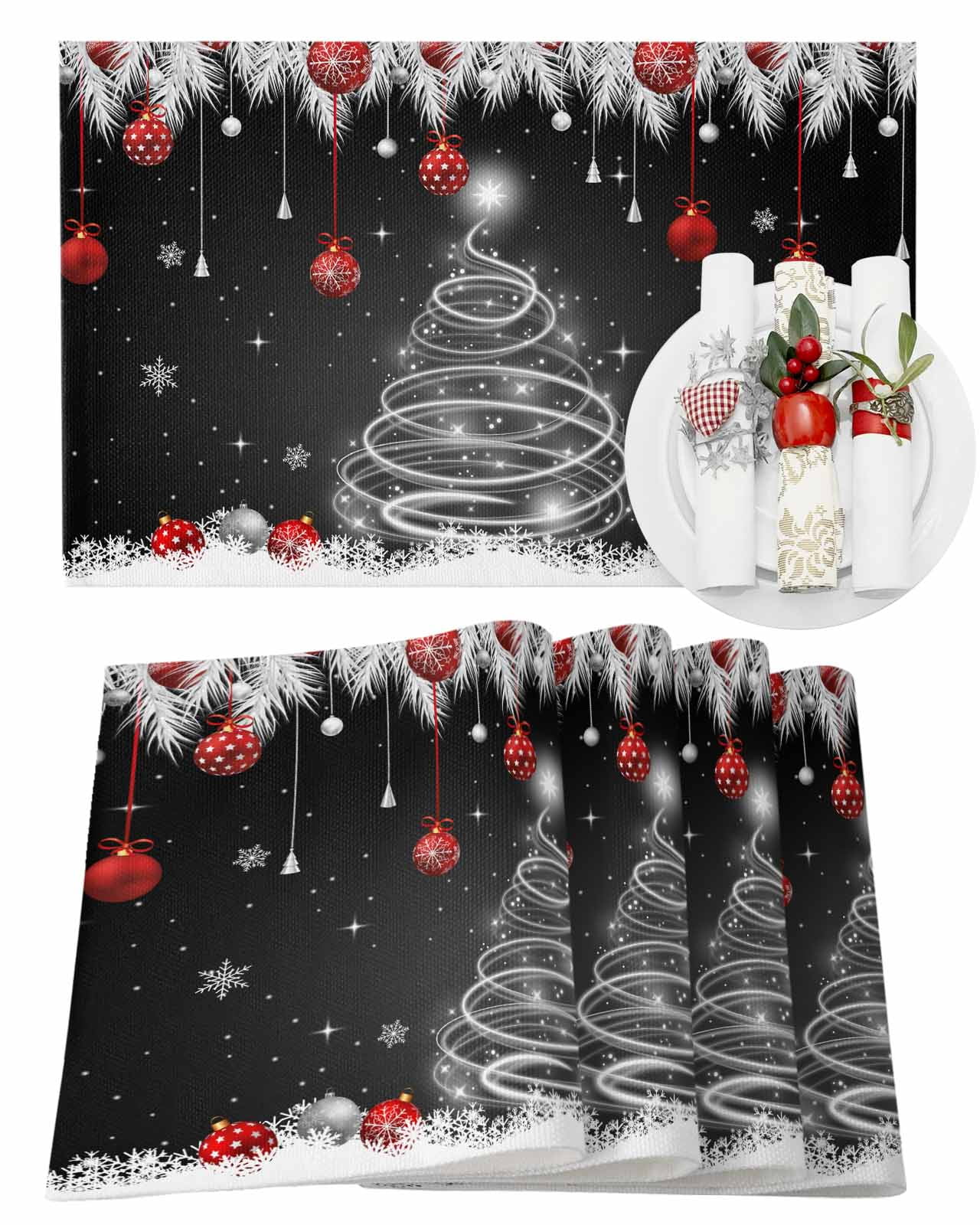 Christmas Placemats Set of 4, Christmas Tree Place Mats Xmas Balls ...