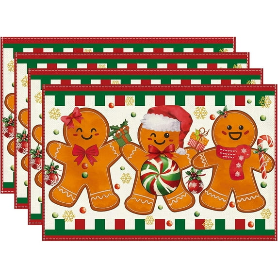Christmas Placemats Set of 4, Fun Gingerbread Man Design 12x18 Inch ...