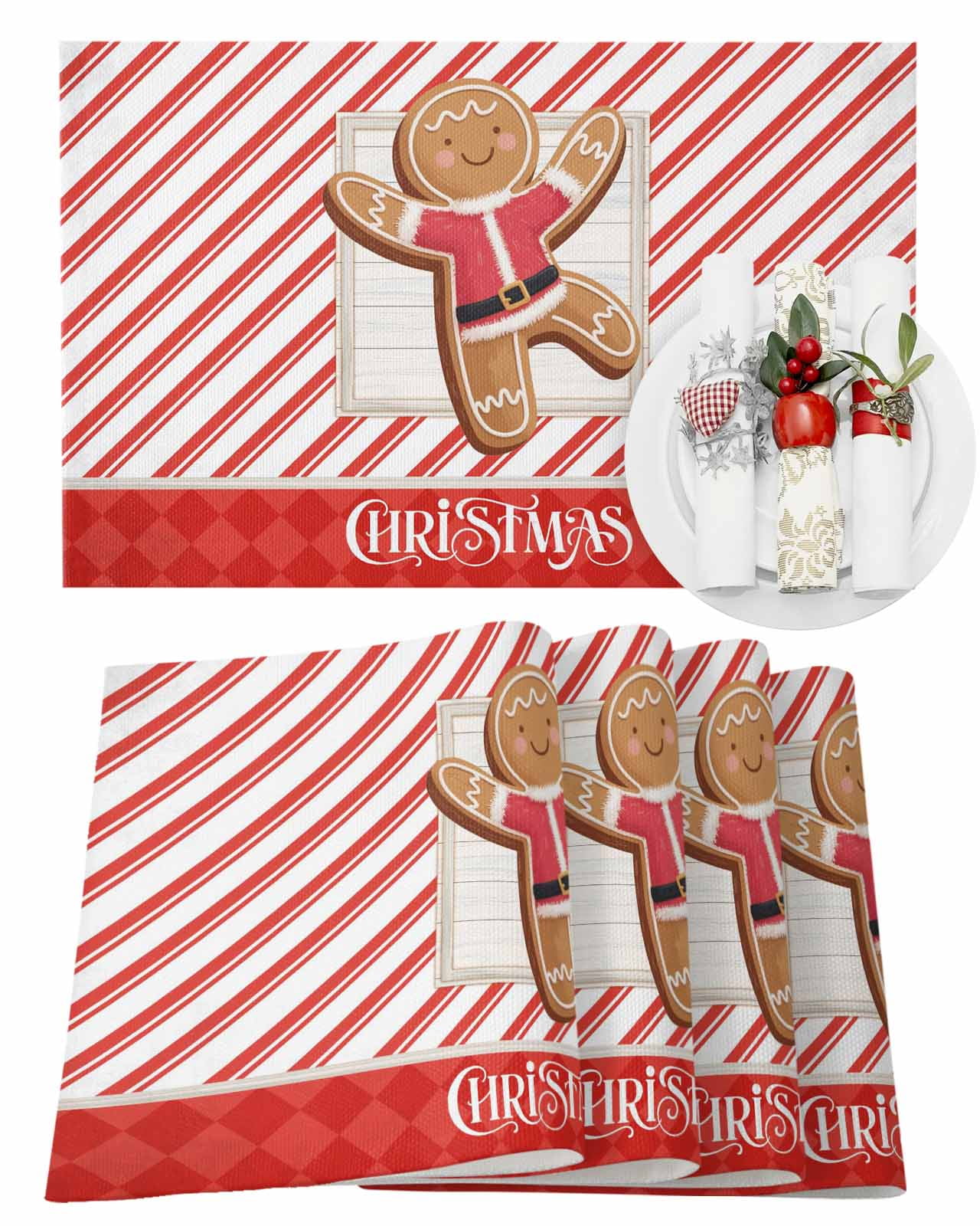 Christmas Placemats Set of 4, Gingerbread Man Place Mats Red Striped ...