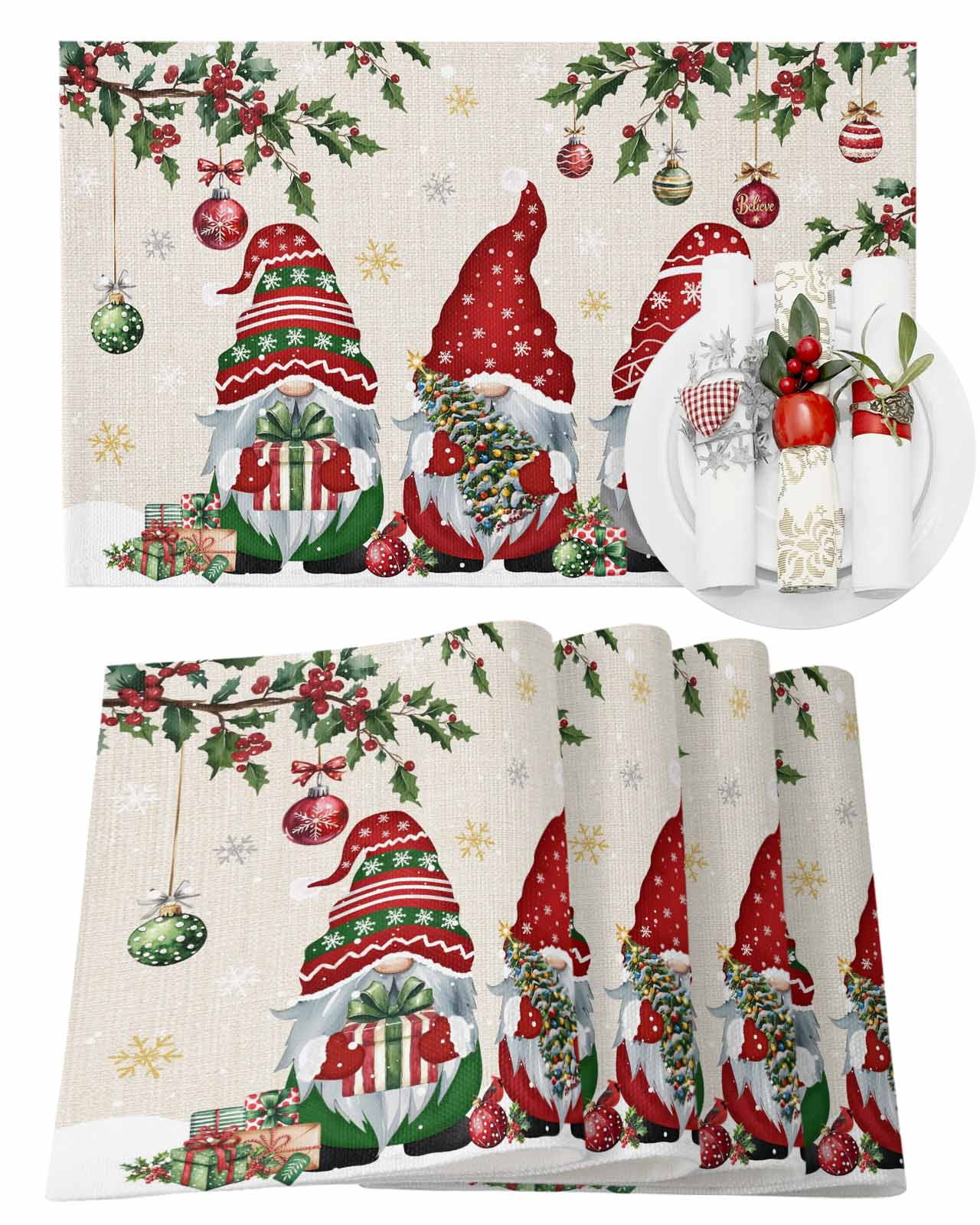 Christmas Placemats Set of 4, Gnomes Place Mats Christmas Balls Berry ...