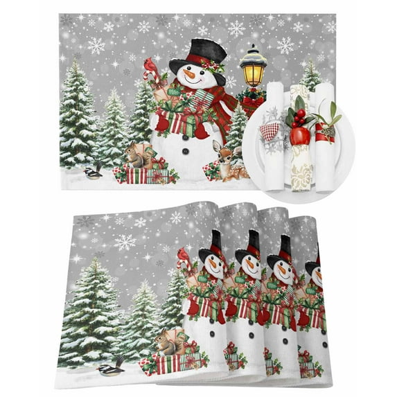 Christmas Placemats Set of 4, Grey Snowman Place Mats Snowflake Bird ...
