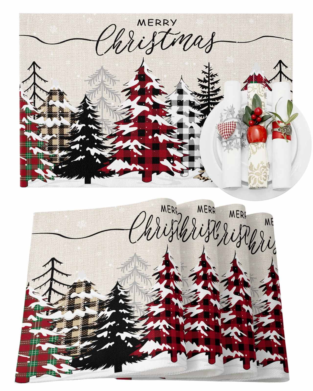 Christmas Placemats Set of 4, Merry Christmas Tree Place Mats Check ...
