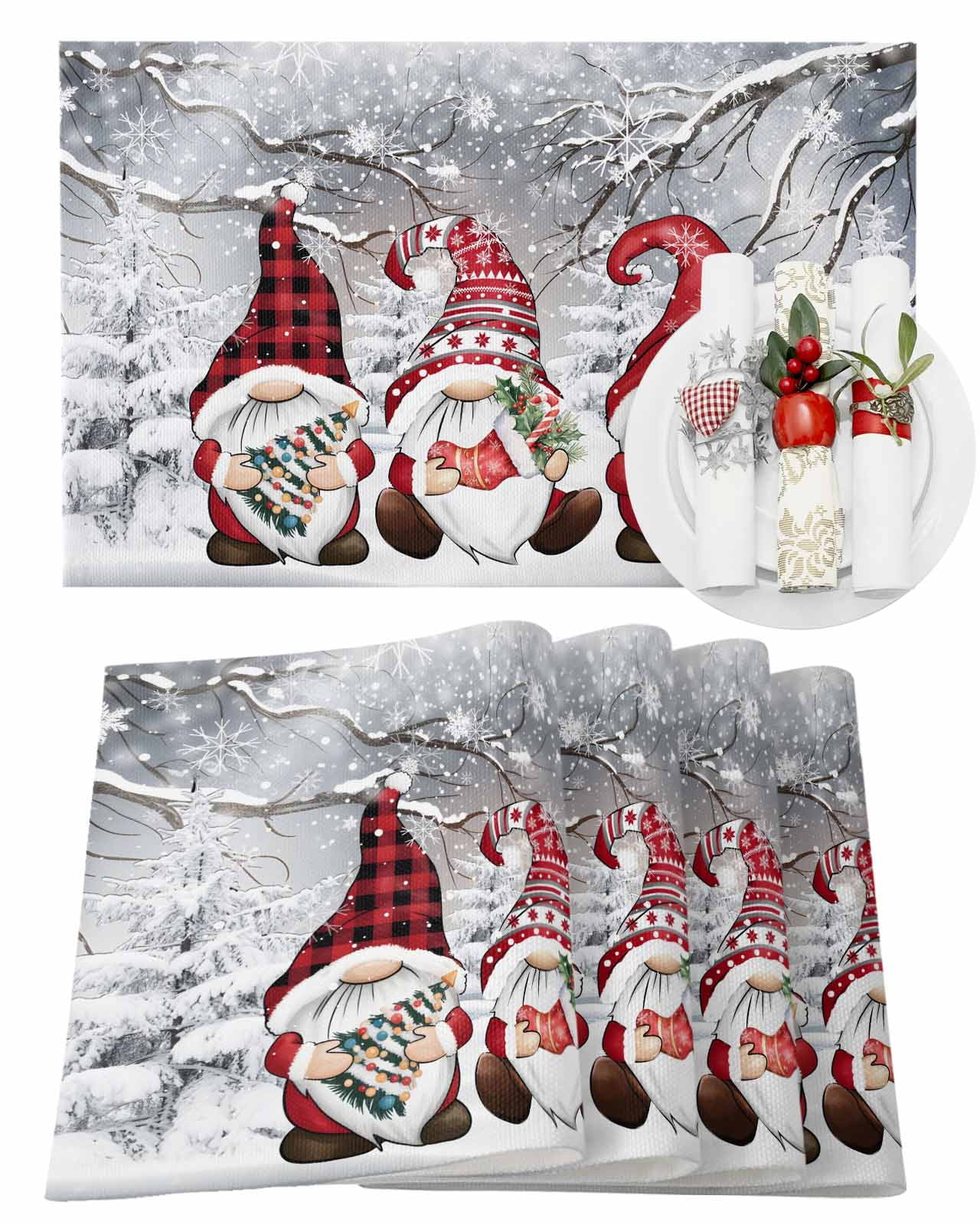 Christmas Placemats Set of 4, Red Gnomes Place Mats Pine Needles Snowy ...