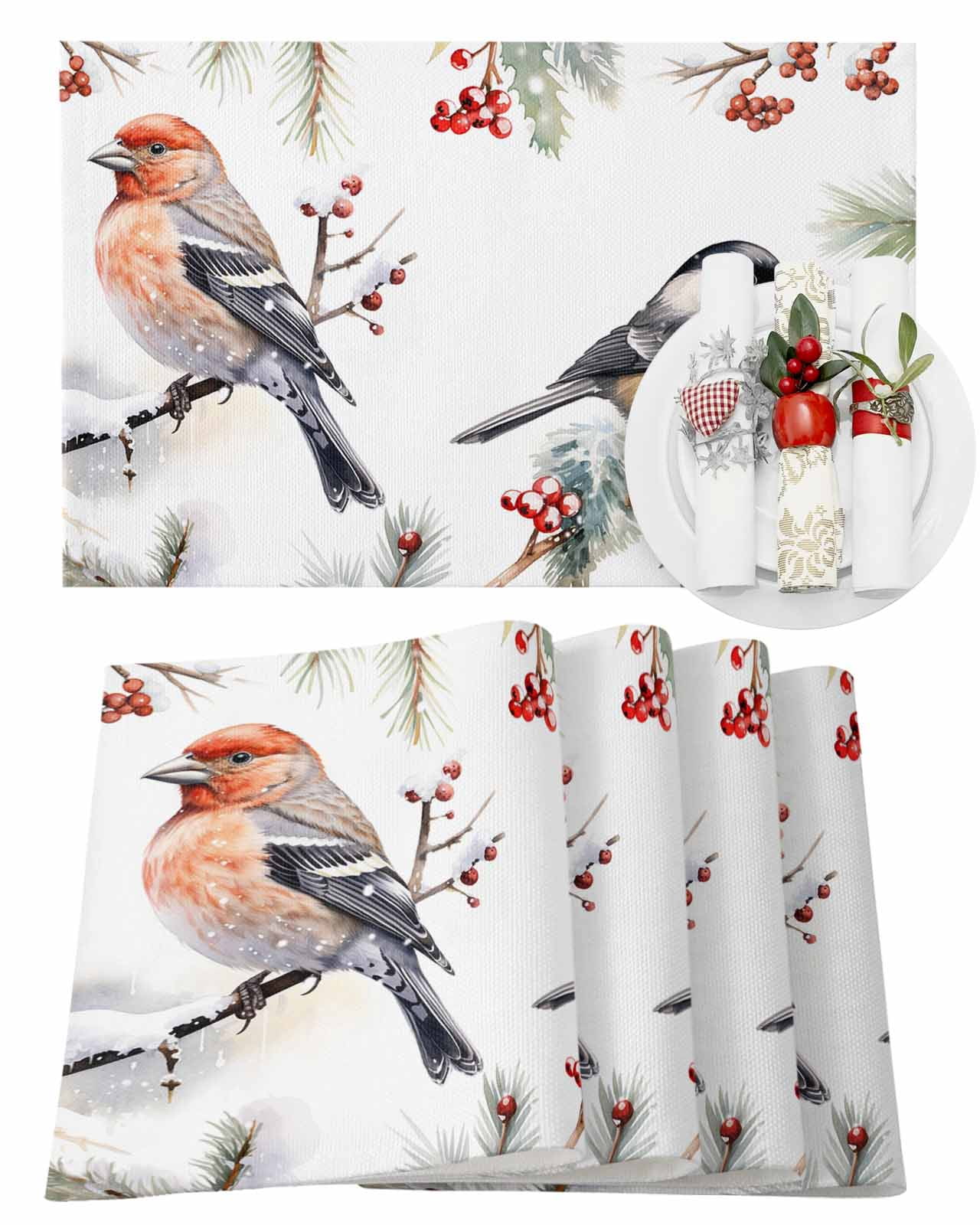Christmas Placemats Set of 4, Red Robin Bird Place Mats Berry Pine ...