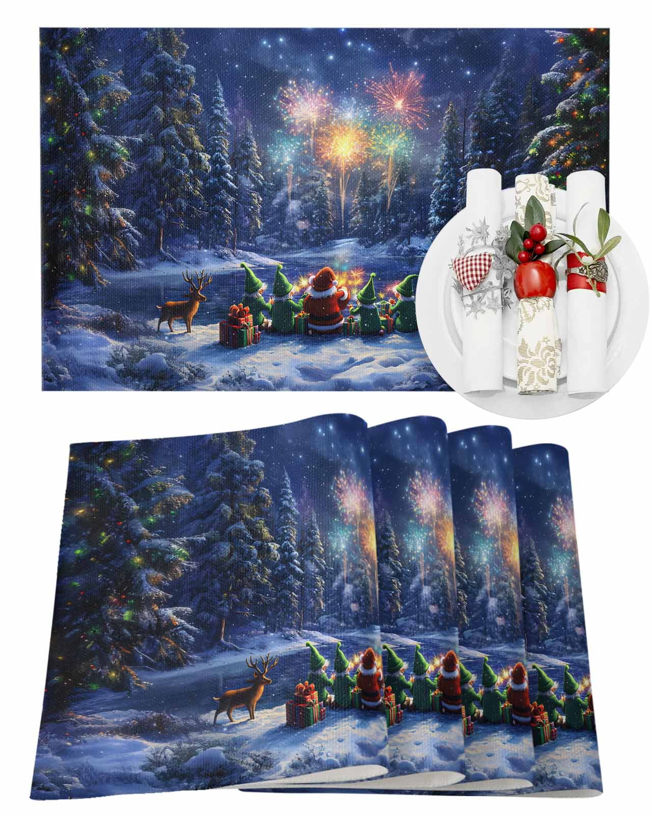 Christmas Placemats Set of 4, Santa Claus Elf Place Mats Snow Forest ...