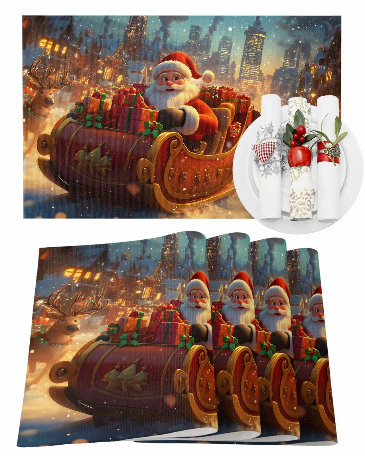Christmas Placemats Set of 4, Santa Claus Sleigh Reindeer Place Mats ...