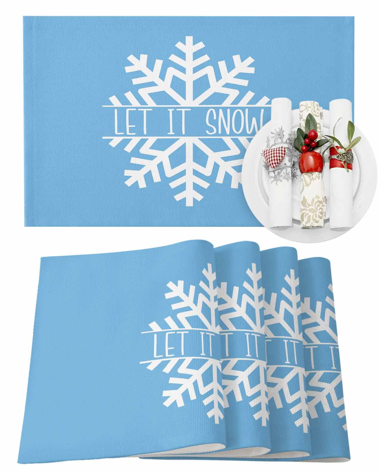 Christmas Placemats Set of 4, Snowflake Hello Winter Place Mats Blue ...