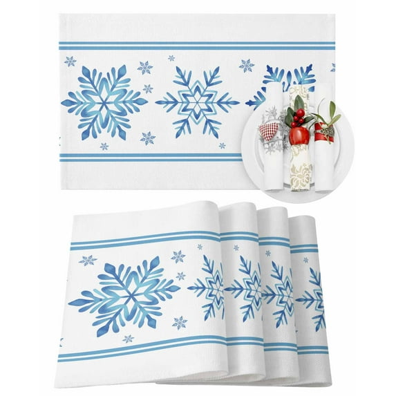 Christmas Placemats Set of 4, Snowflake Place Mats Blue Snow Stripes ...