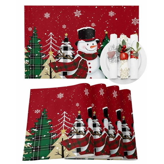Christmas Placemats Set of 4, Snowman Buffalo Plaid Xmas Tree Forest ...