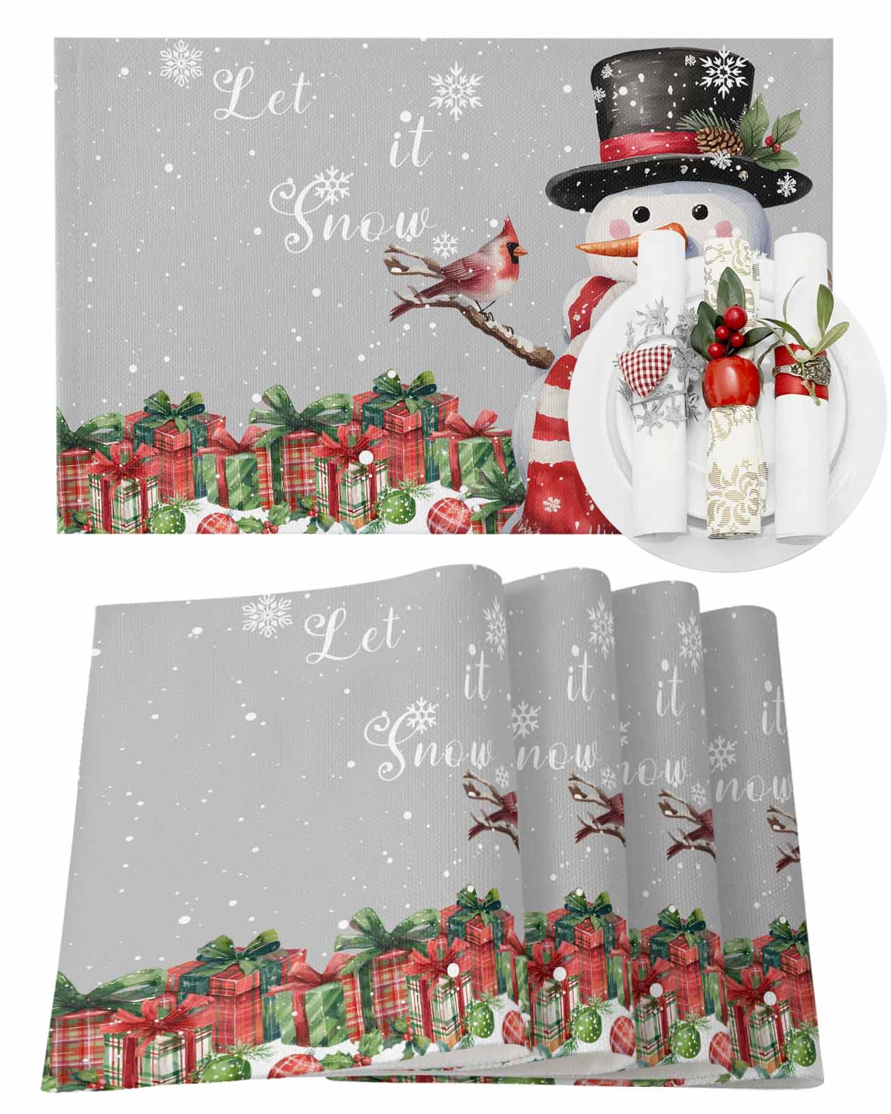 Christmas Placemats Set of 4, Snowman Cardinal Bird Place Mats Winter ...
