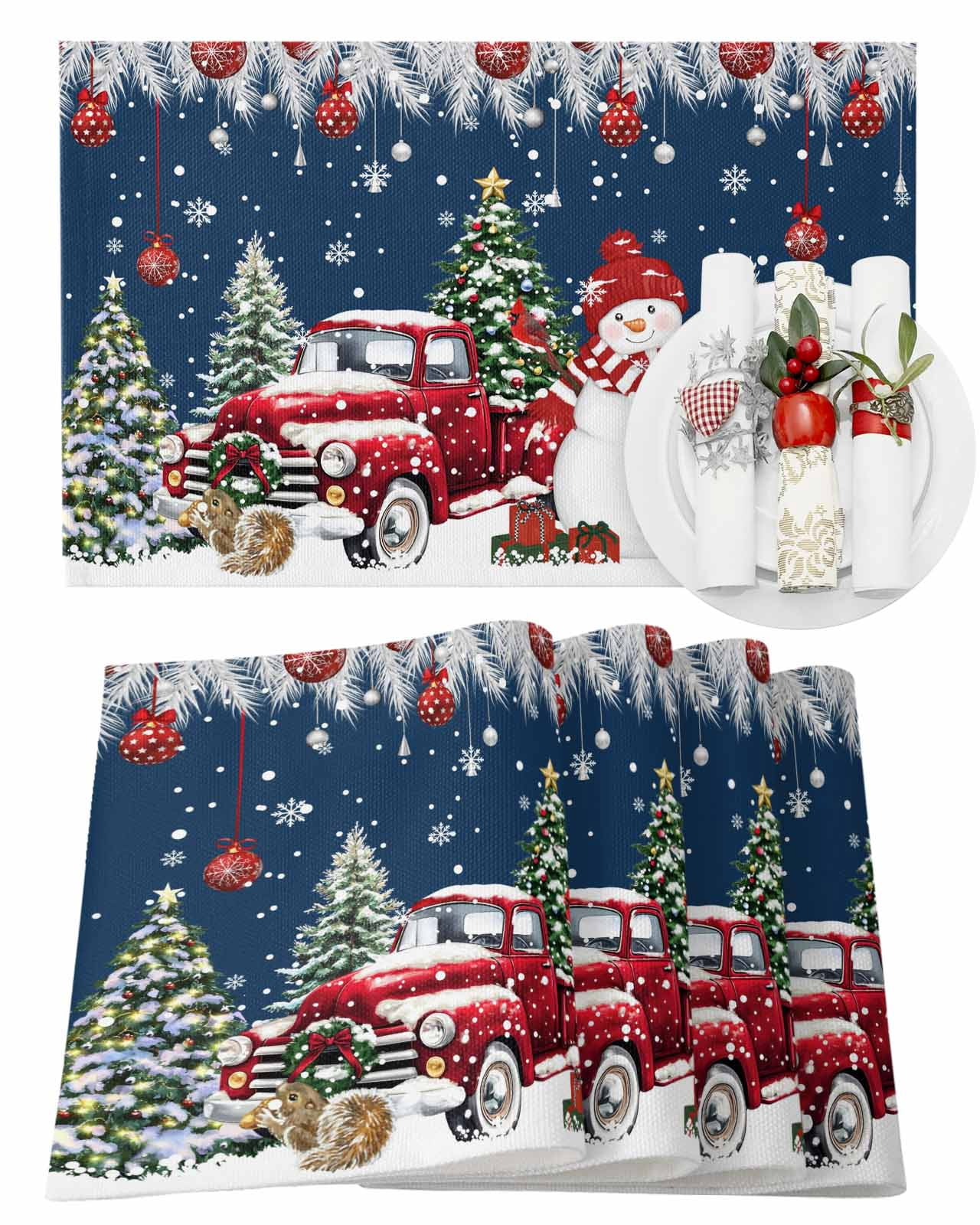 Christmas Placemats Set of 4, Snowman Christmas Balls Place Mats Red ...