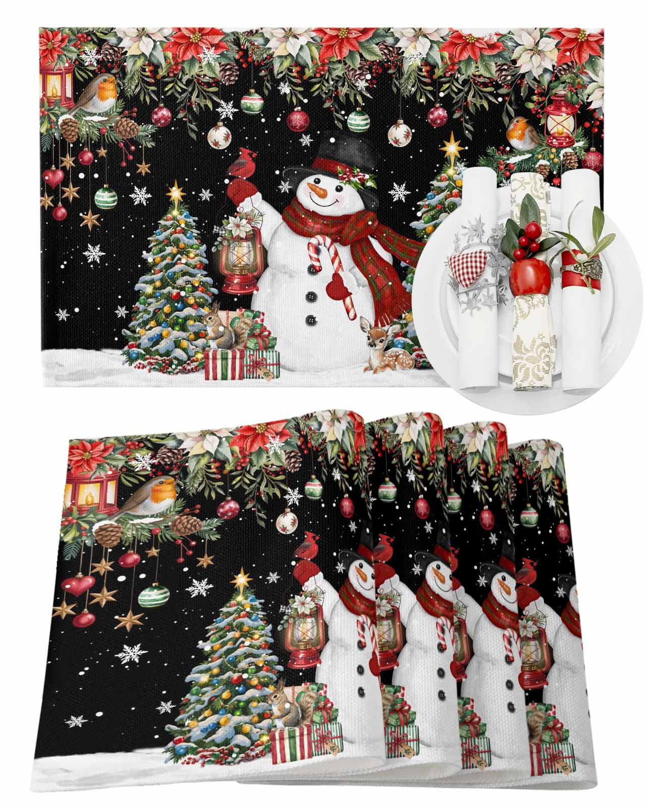 Christmas Placemats Set of 4, Snowman Pine Tree Place Mats Poinsettia ...
