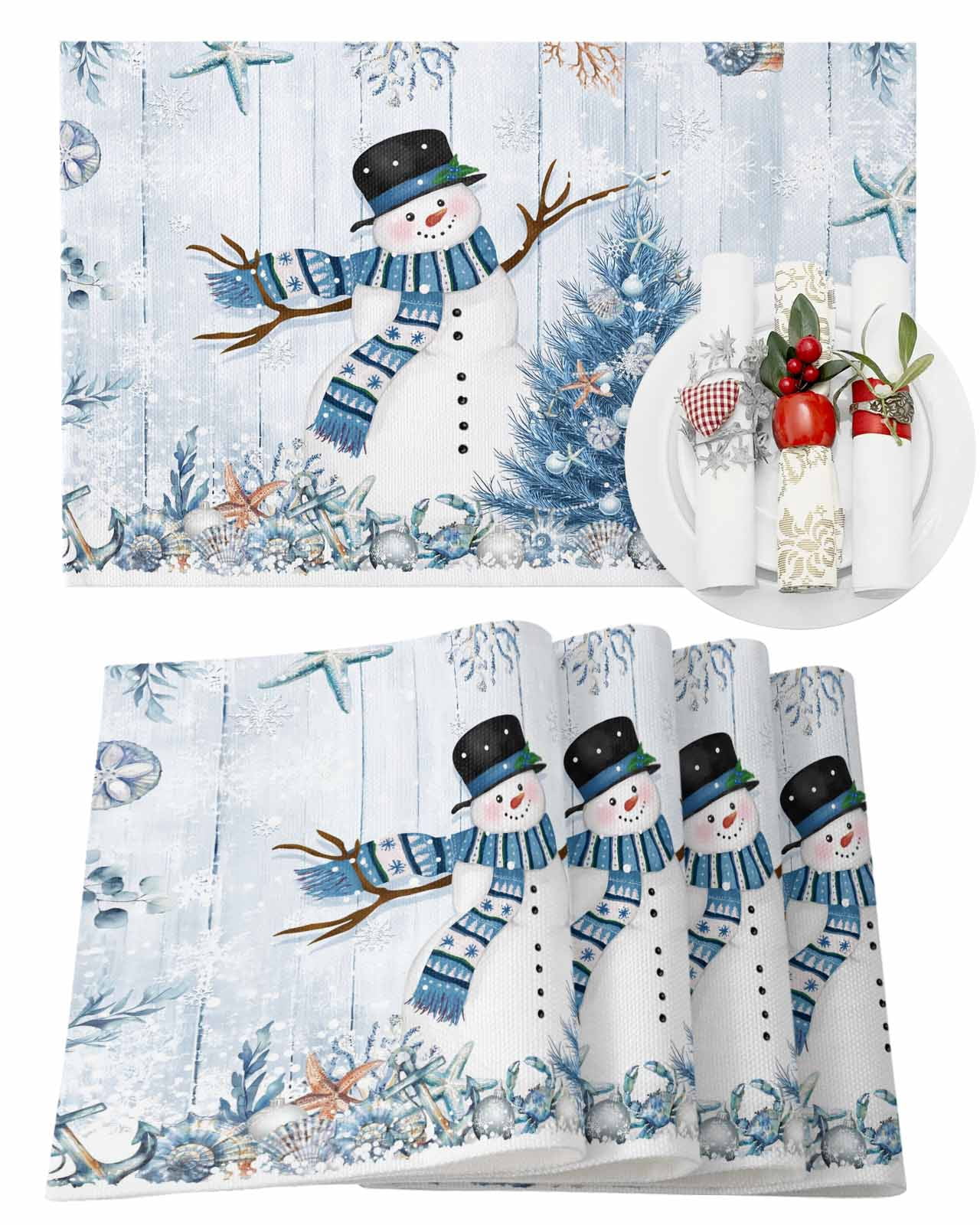Christmas Placemats Set of 4, Snowman Place Mats Starfish Xmas Tree ...