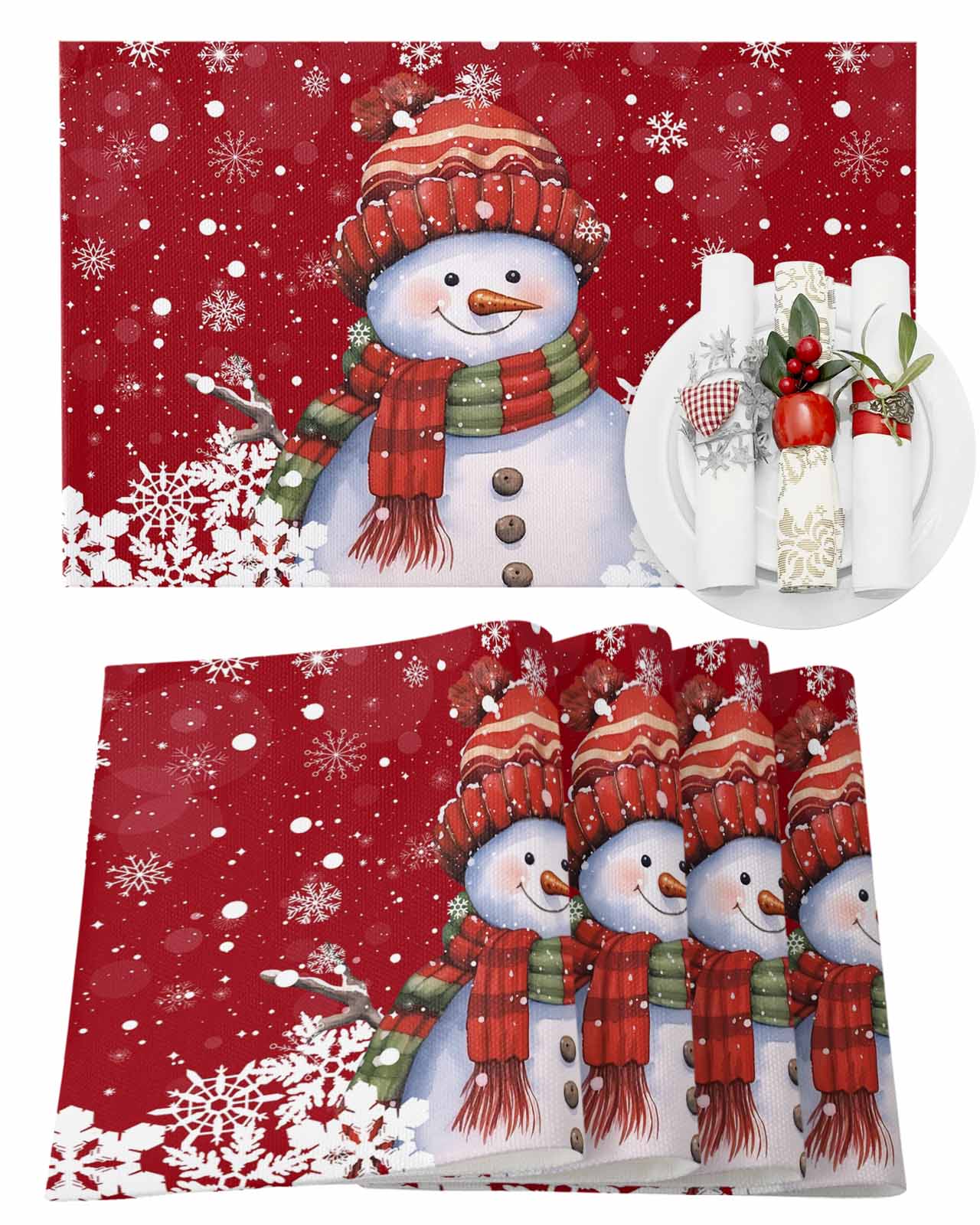 Christmas Placemats Set of 4, Snowman Red Place Mats White Snowflake ...