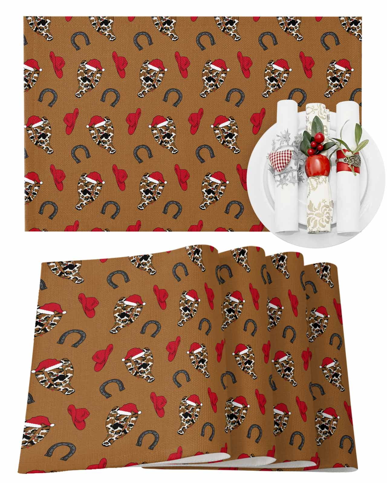 Christmas Placemats Set of 4, Western Cactus Christmas Hat Place Mats ...