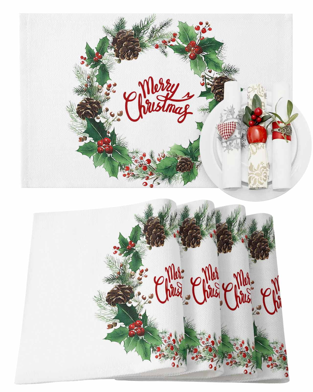 Christmas Placemats Set of 6, Berry Holly Wreath Place Mats Merry ...