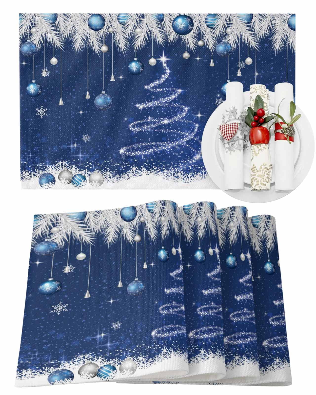 Christmas Placemats Set of 6, Blue Christmas Tree Place Mats Xmas Balls ...