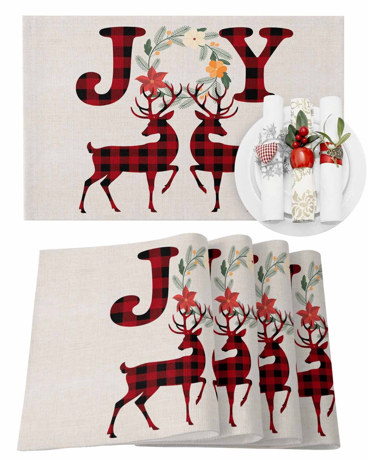 Christmas Placemats Set of 6, Buffalo Plaid Elk Reindeer Place Mats Deer Xmas Wreath Joy ...