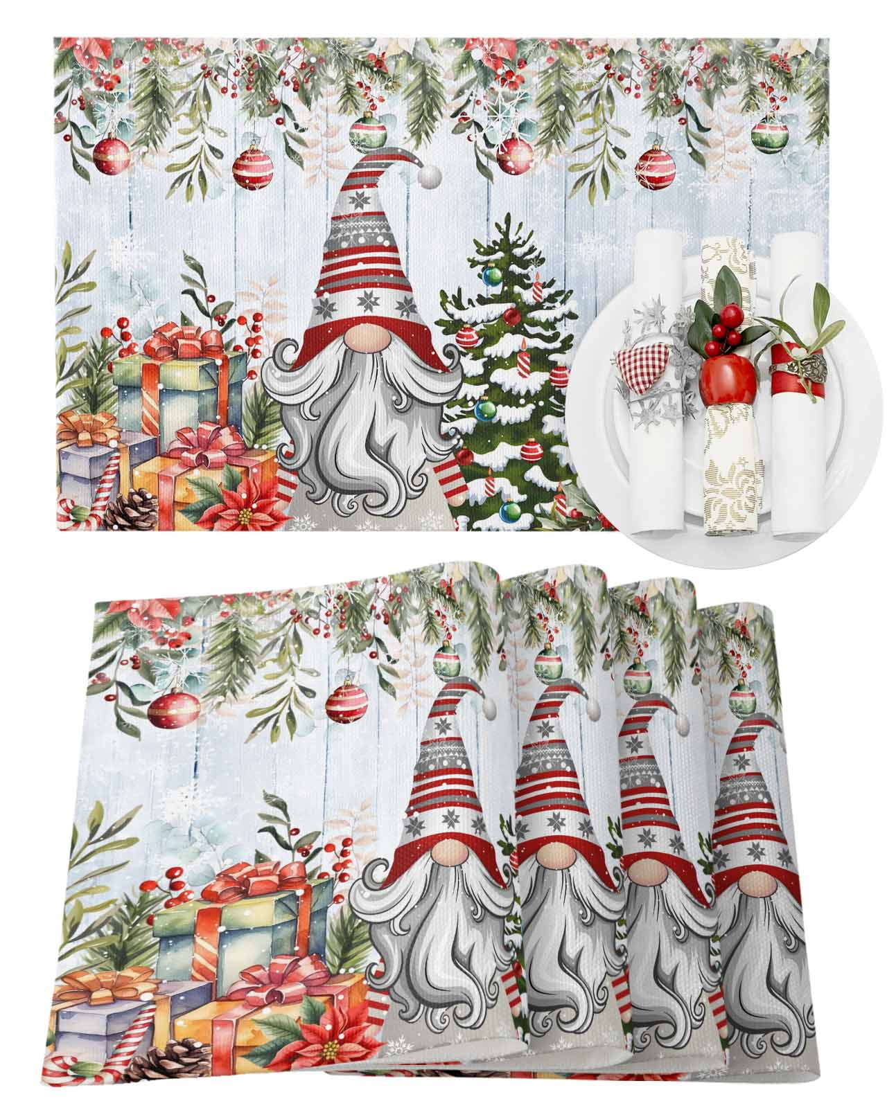Christmas Placemats Set of 6, Christmas Balls Gnome Place Mats Berry ...