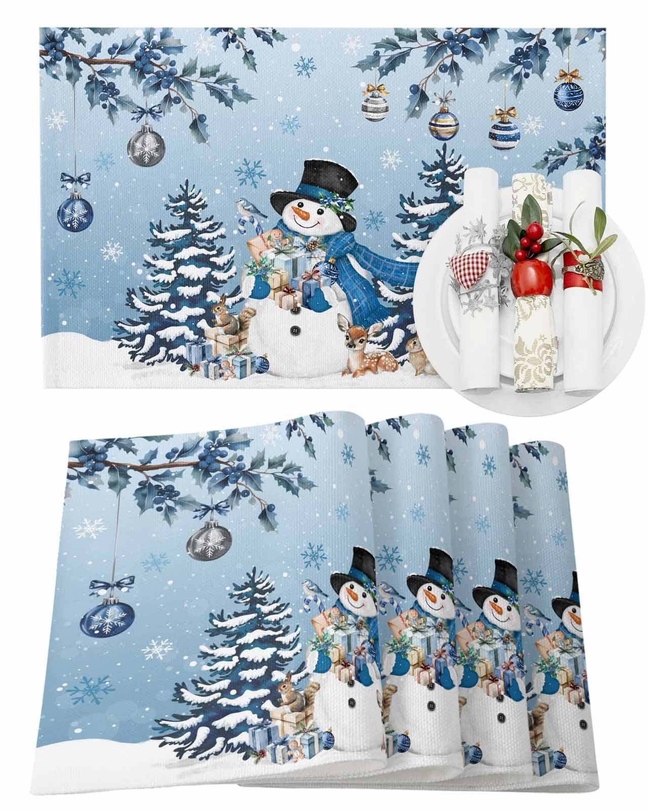 Christmas Placemats Set of 6, Christmas Balls Snowman Place Mats Berry ...