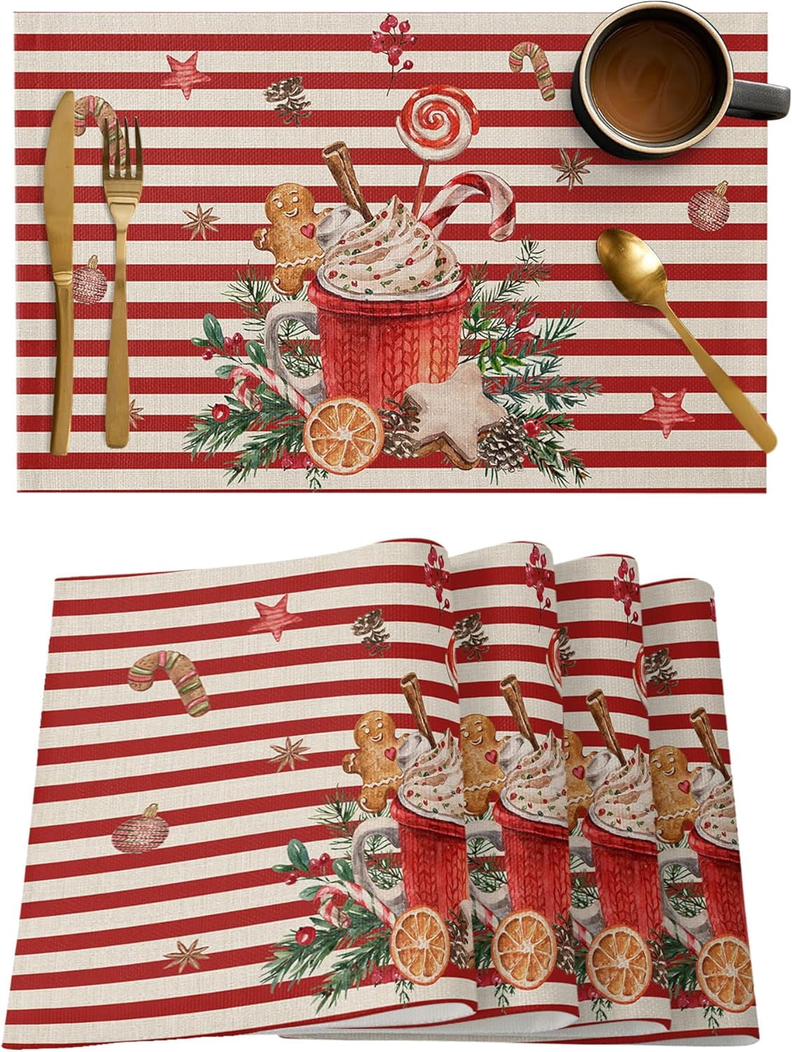 Christmas Placemats Set of 6, Gingerbread Candy Cane Placemat for ...