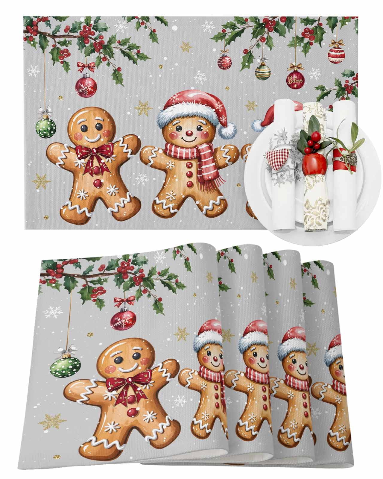 Christmas Placemats Set of 6, Gingerbread Man Place Mats Xmas Balls ...