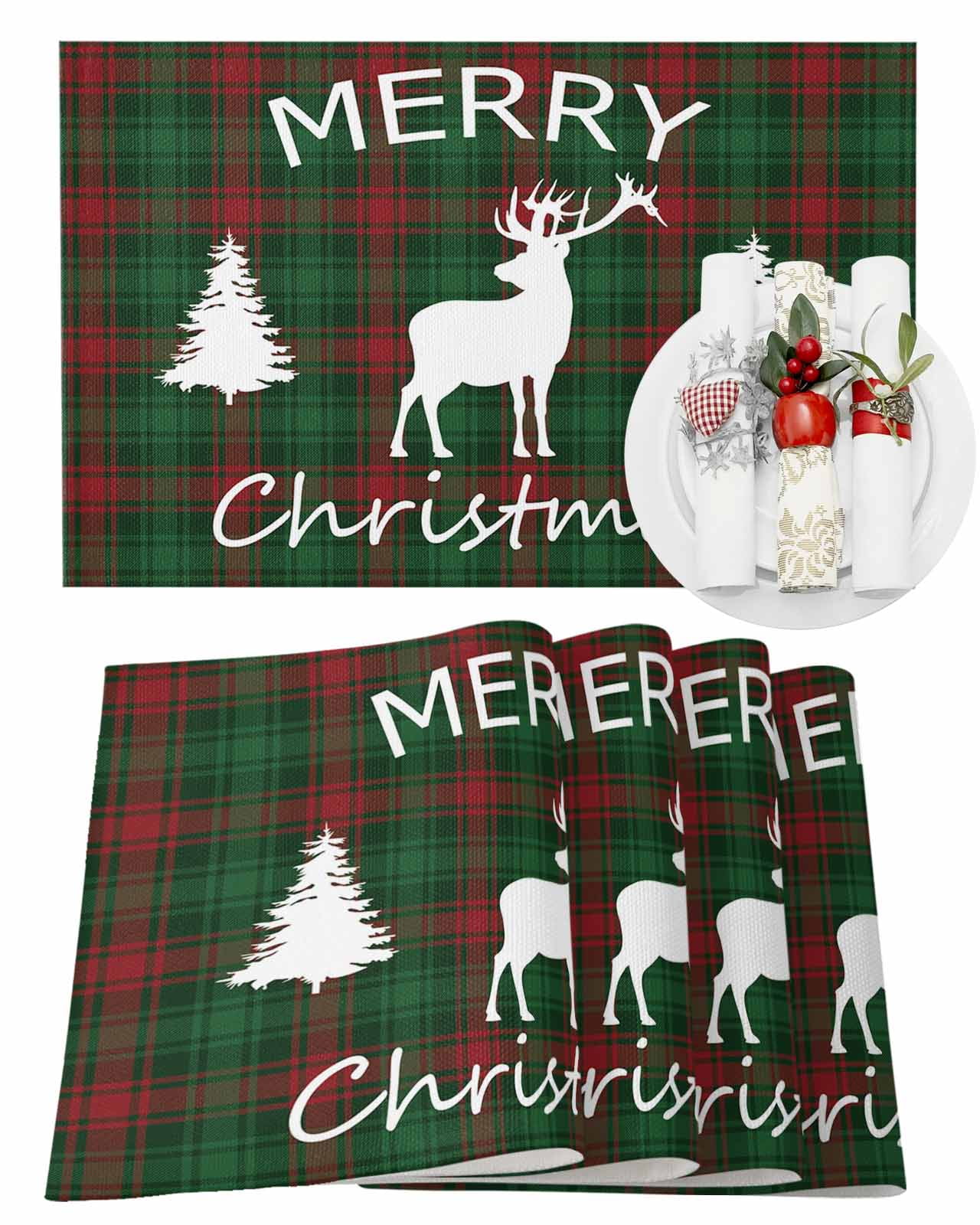 Christmas Placemats Set of 6, Green Buffalo Plaid Reindeer Place Mats ...
