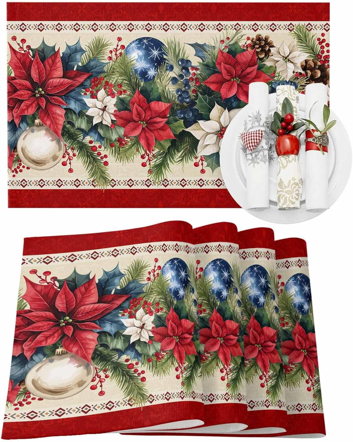 Christmas Placemats Set of 6 Poinsettia Holly Berry Christmas Placemats ...