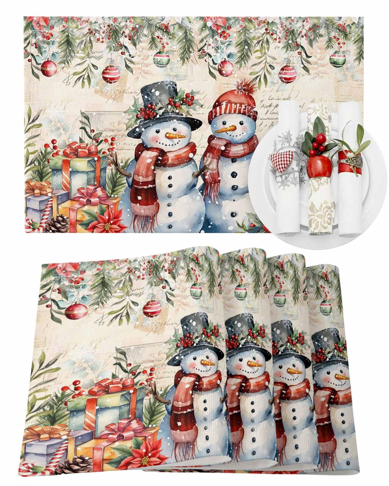 Christmas Placemats Set of 6, Poinsettia Snowman Place Mats Eucalyptus ...