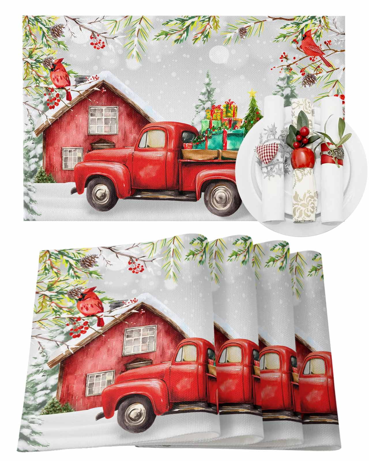 Christmas Placemats Set of 6, Red Barn Truck Cardinal Bird Place Mats ...