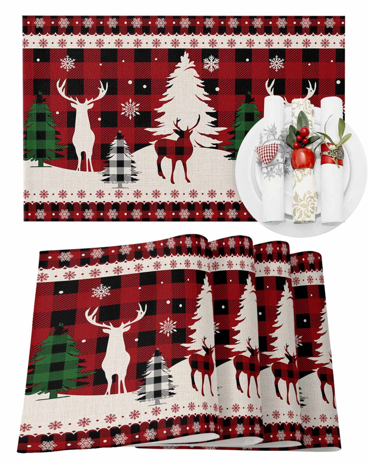 Christmas Placemats Set of 6, Reindeer Xmas Trees Place Mats Buffalo ...