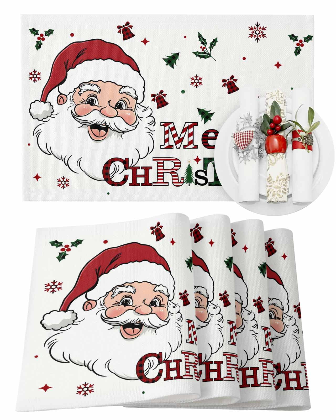 Christmas Placemats Set of 6, Santa Claus Place Mats Snowflake Holly ...
